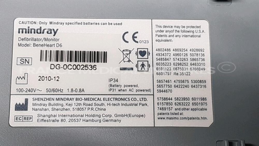 Mindray Defibrillator/Monitor BeneHeart D6 - YOM 12/2010 - French ...